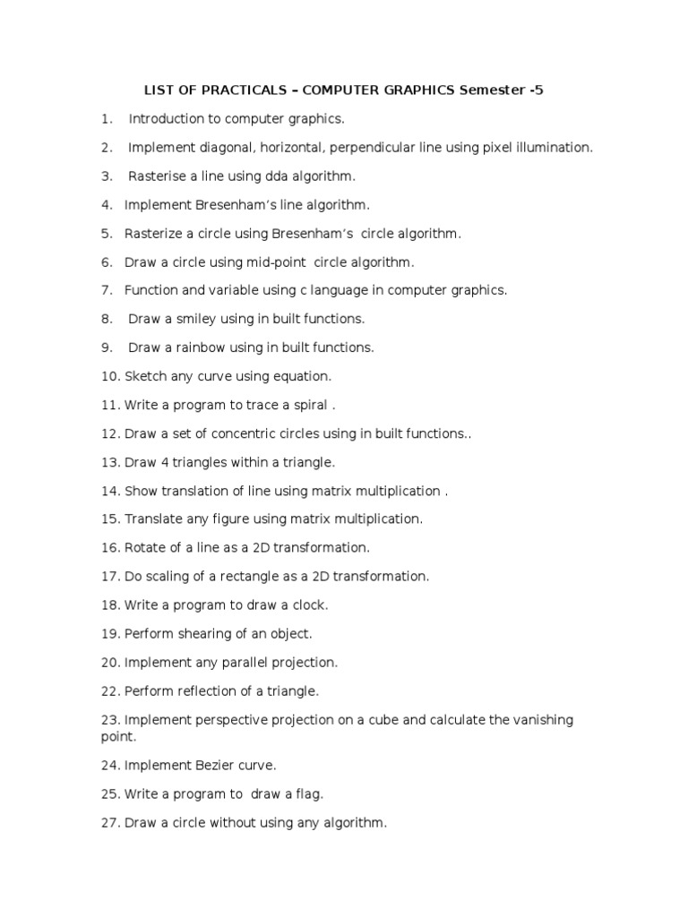 Computer Graphics Practicals List | PDF