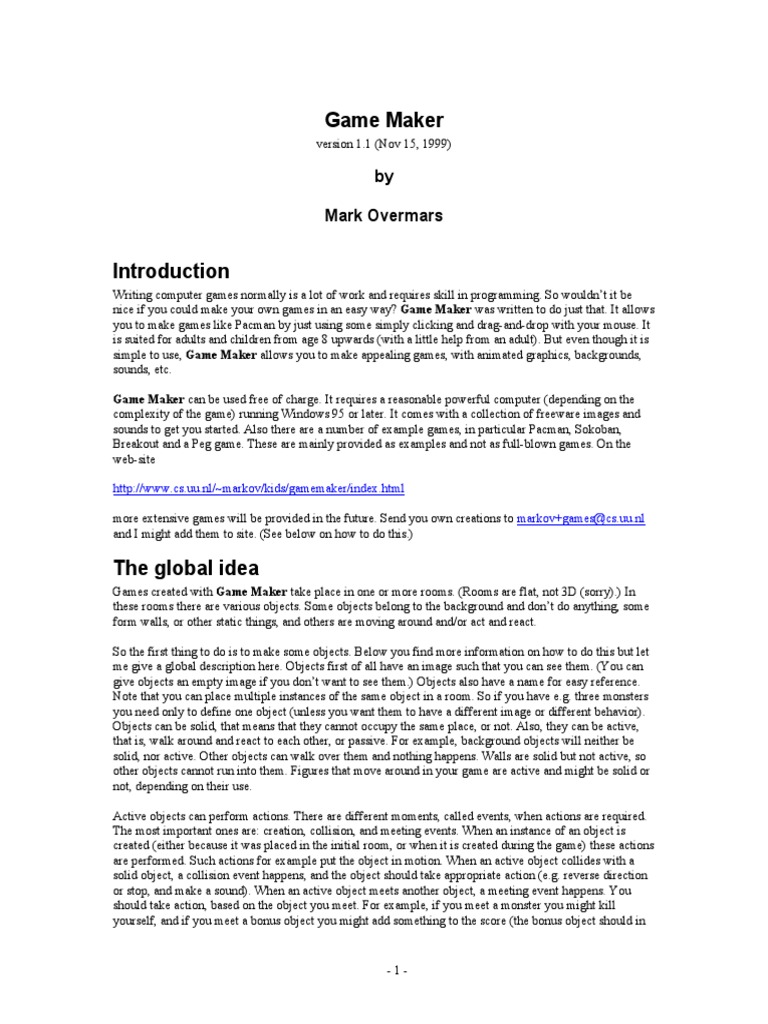 Game Maker Manual 1 1 Download Free Pdf Directory Computing