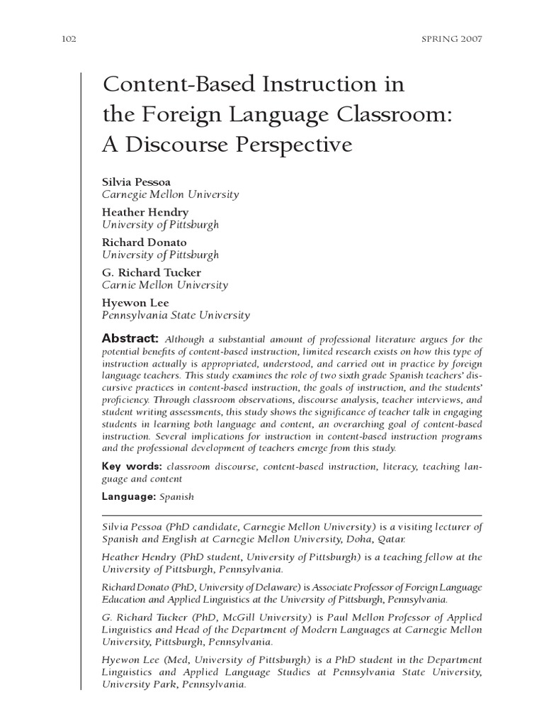 Content Based Instruction in Foreign Language Education: Models and ...