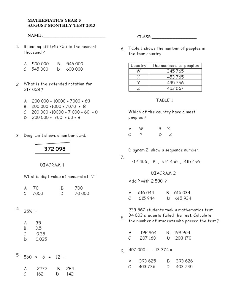NAME: - : Mathematics Year 5 August Monthly Test 2013 | Download Free ...