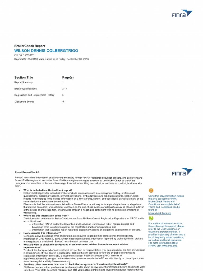 Wilson Dennis Colberg Trigo - FINRA BrokerCheck Report | PDF ...