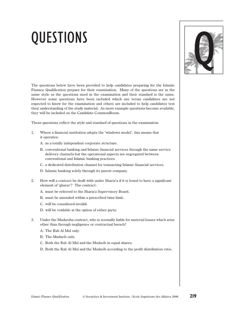 IFQ Sample Qs | PDF | Islamic Banking And Finance | Insurance
