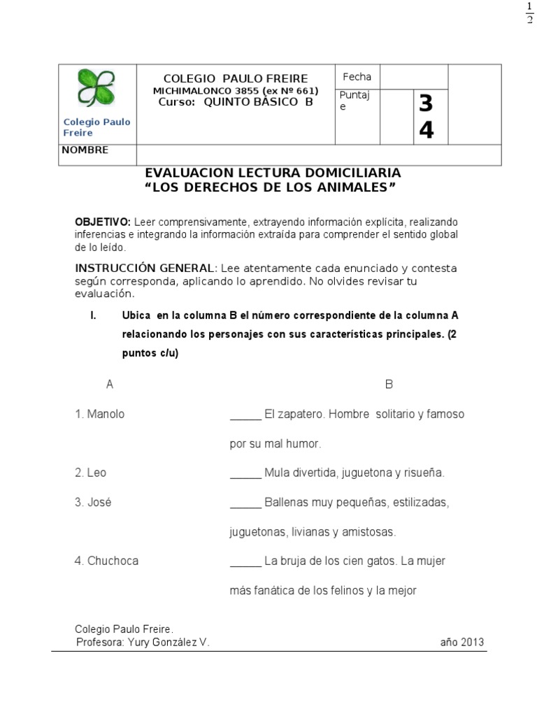 Evaluación de "Los Derechos de los Animales" | PDF | Estudios de ...