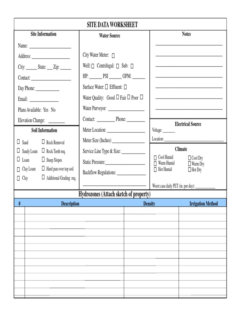 Site Data Worksheet: Site Information Water Source Notes | PDF ...
