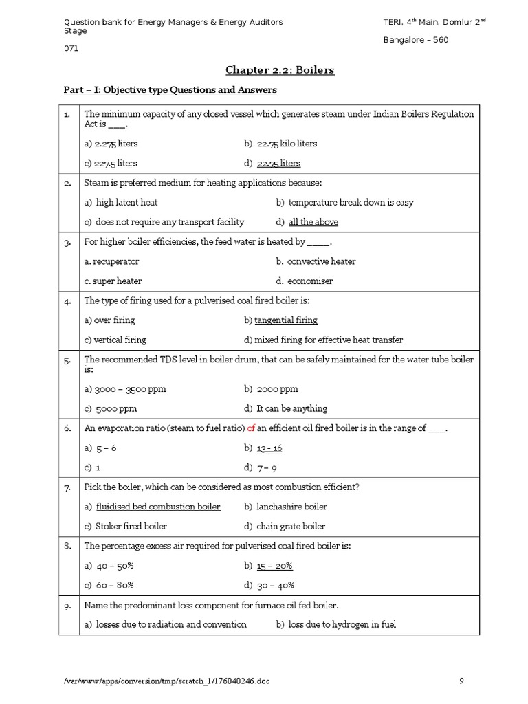 Boiler Objective Questions & Answers | PDF | Boiler | Combustion