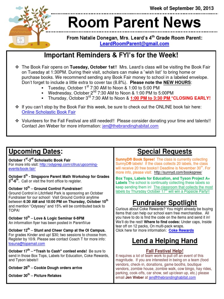 4th Grade Room Parent Newsletter - September 30th | PDF | Leisure ...