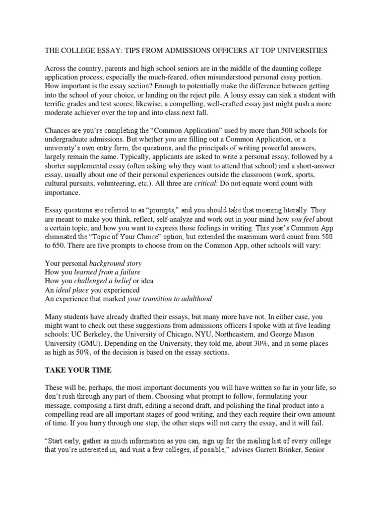 College Essay Tips from Top Universities | PDF | College Admissions In ...