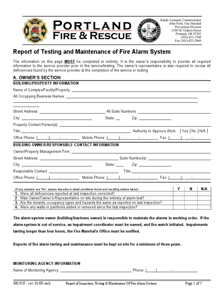 300.91F - Fire Alarm - Report of Inspection | PDF | Battery ...