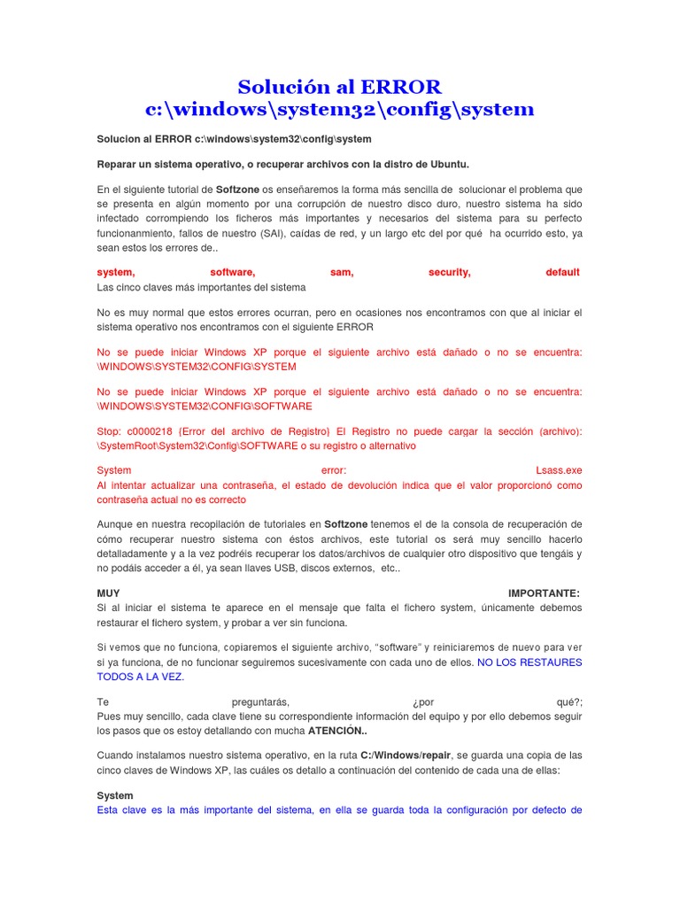 Solución Al ERROR C - Windows - System32 - Config - System | PDF ...
