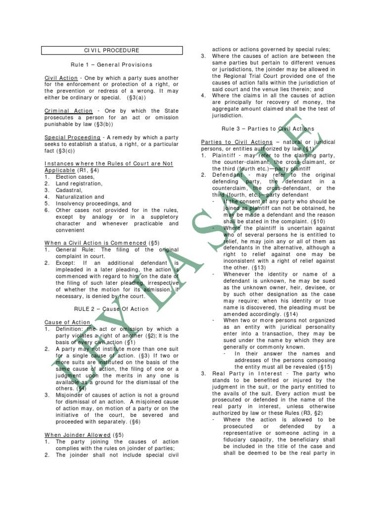 Civil Procedure Overview and Rules | PDF | Pleading | Cause Of Action