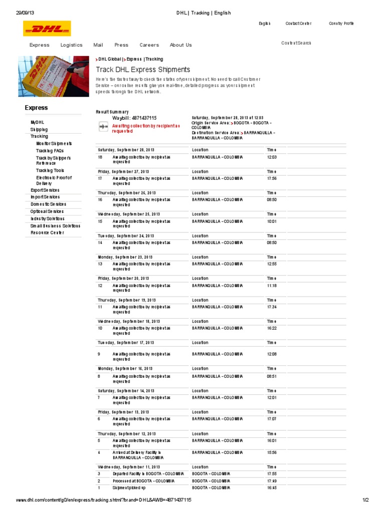 DHL Shipment Status: Awaiting Collection | PDF | Business | Cyberspace