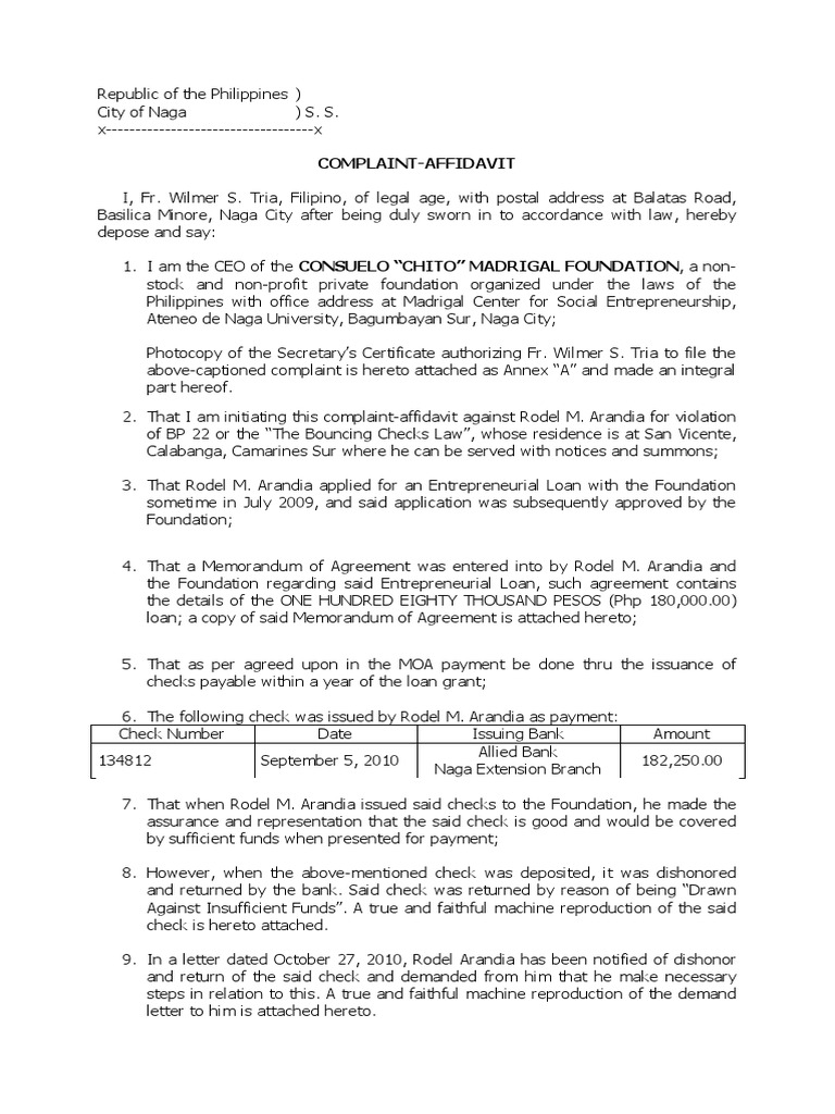 Complaint-Affidavit BP 22 (Arandia) | PDF | Cheque | Government Information