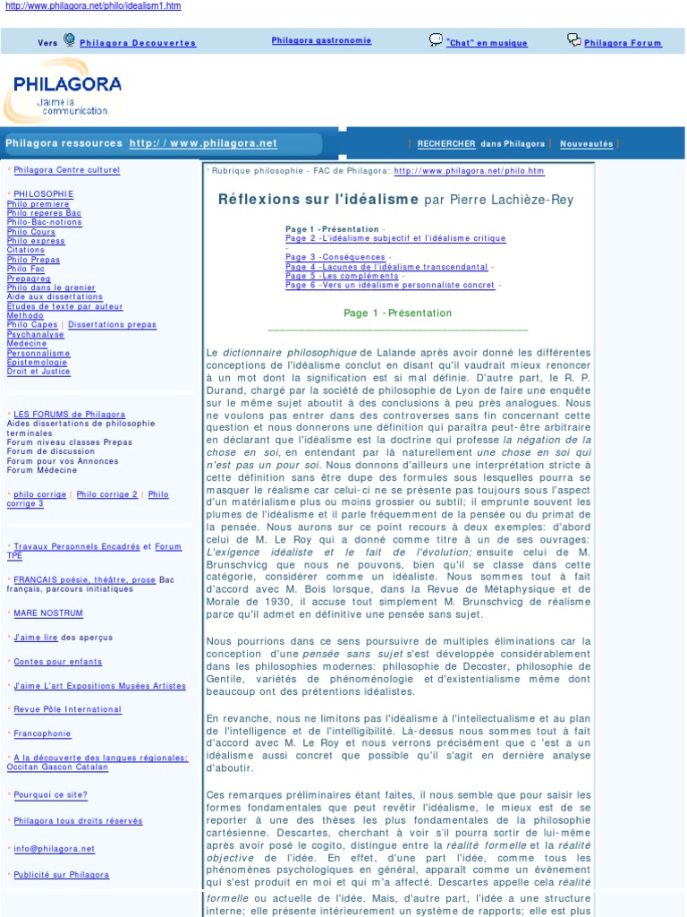 Réflexions Sur L'idéalisme Par Pierre Lachièze-Rey | PDF | René ...