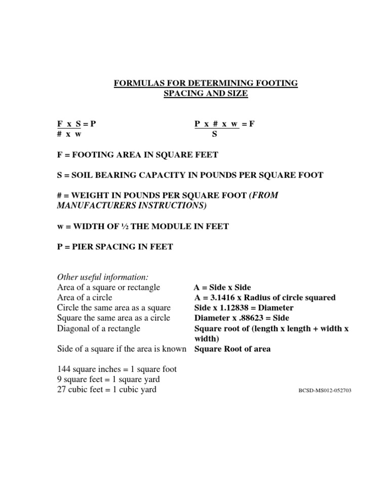 Footing Size and Spacing Formulas | PDF
