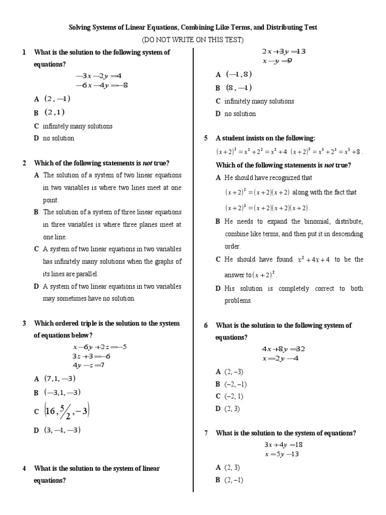 Solving Systems of Linear Equations Combining Like Terms Distributing ...