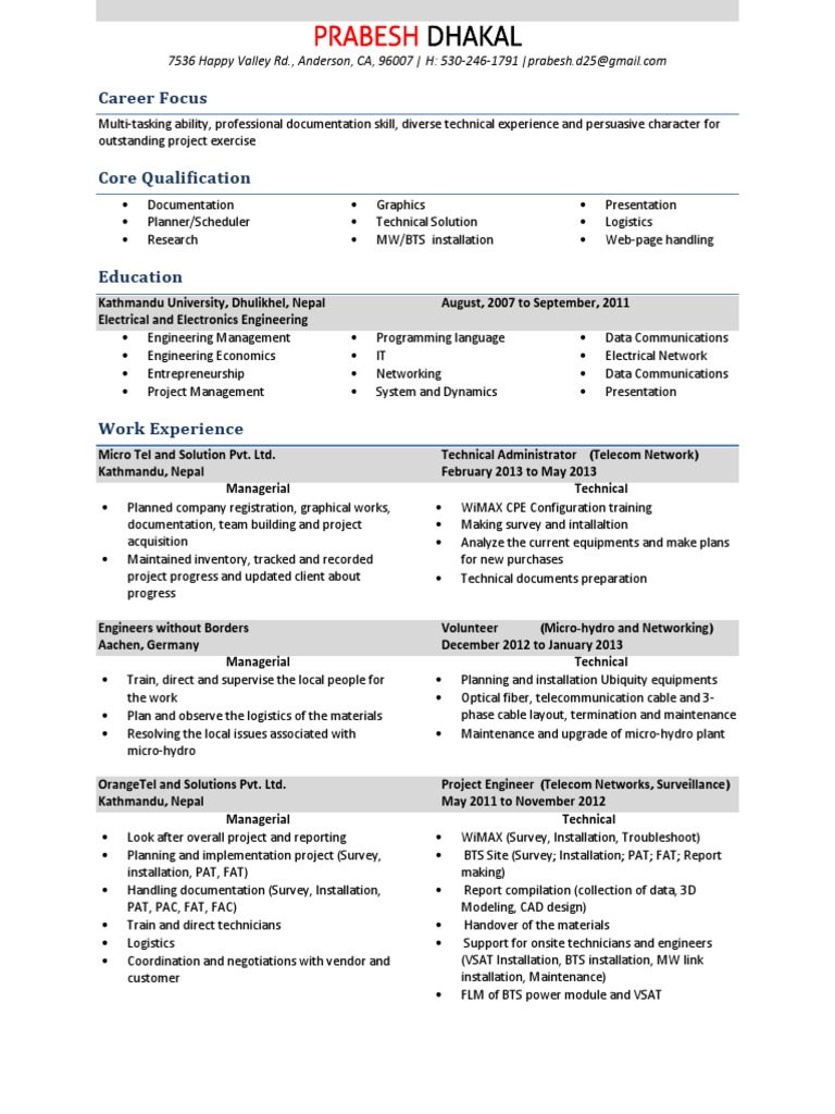 Resume Telecom Sample | PDF | Telecommunication | Surveying