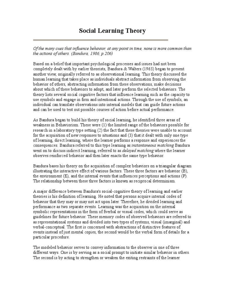 Social Learning Theory | PDF | Self Efficacy | Reinforcement