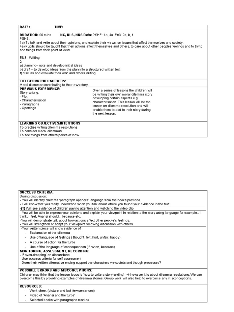 Anansi and The Turtle Lesson Plan | PDF | Narration | Psychology