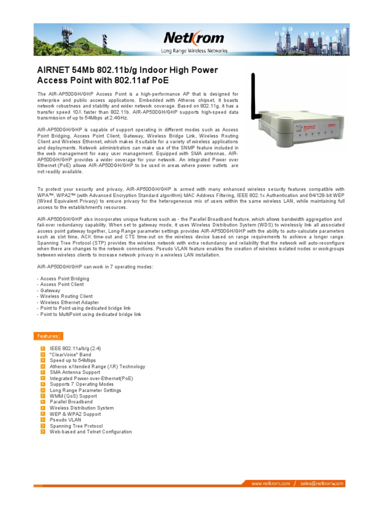 Datasheet AIRNET 54Mb 802.11g Indoor High Power Access Point | PDF ...