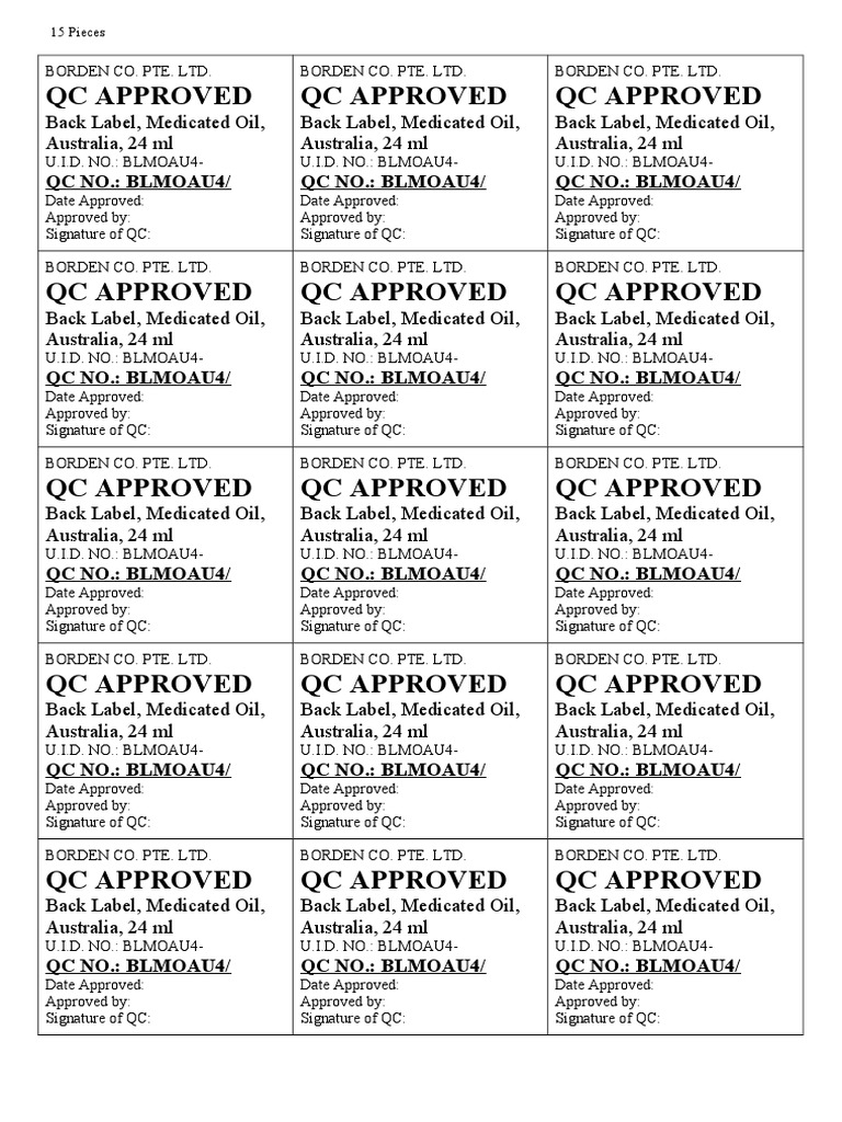 Approved Label - Back Label, Medicated Oil, Australia, 24ML, (BLMOAU4 ...