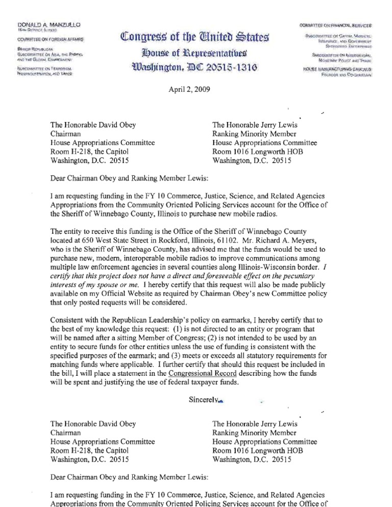 Earmark Request | PDF | Legislative Branch Of The United States ...