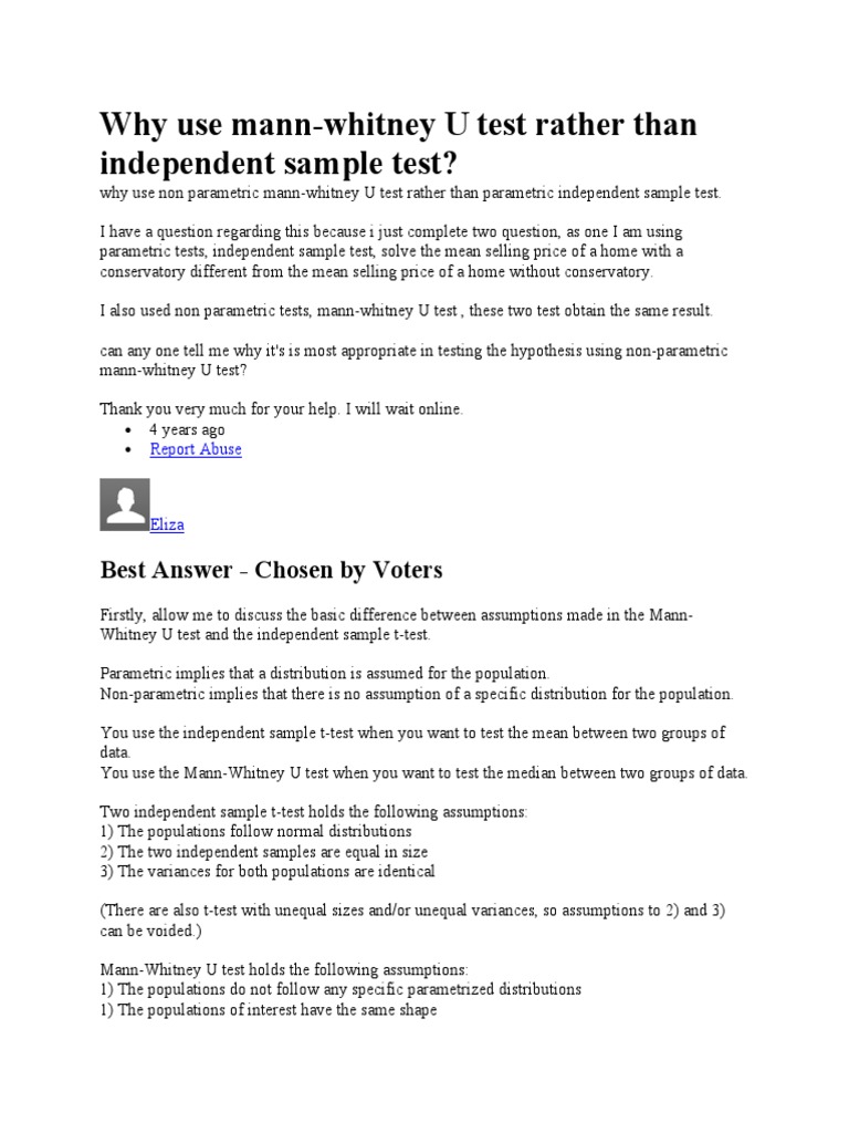 Why Use Mann-whitney U-test | Mann–Whitney U Test | Student's T Test