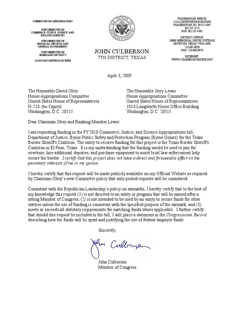 Earmark Request | PDF | Earmark (Politics) | United States House Of ...