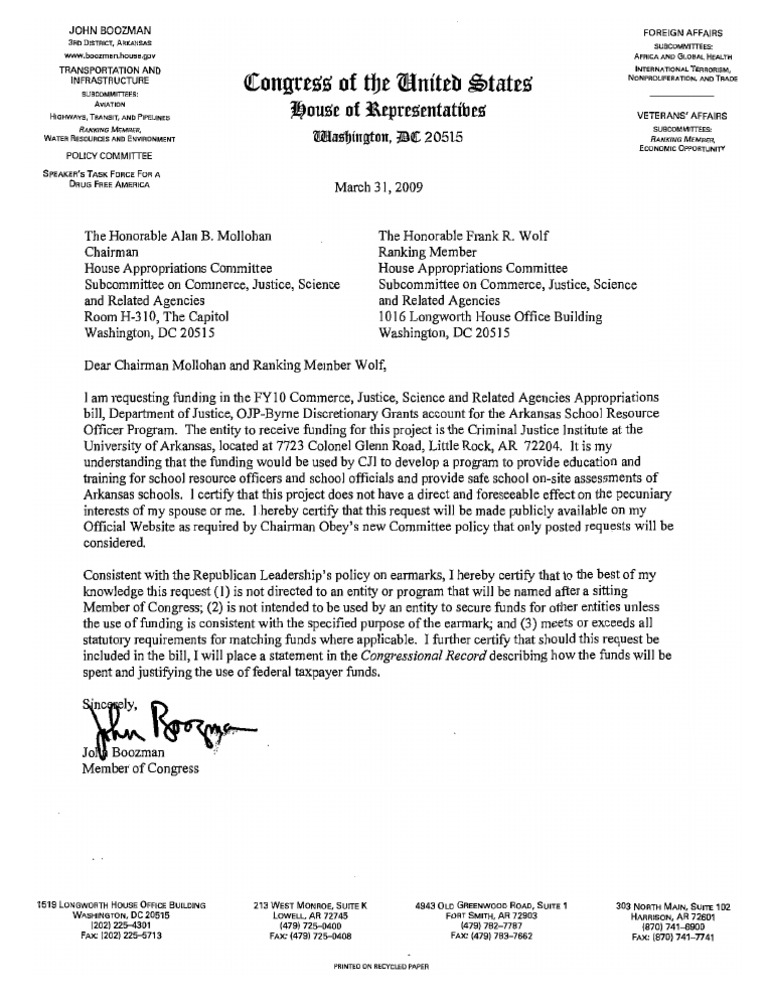 Earmark Request | PDF | Earmark (Politics) | Politics Of The United States