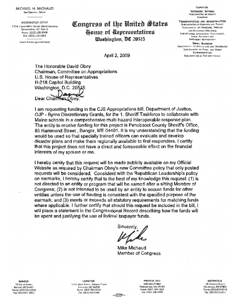 Earmark Request | PDF | Earmark (Politics) | United States House Of ...