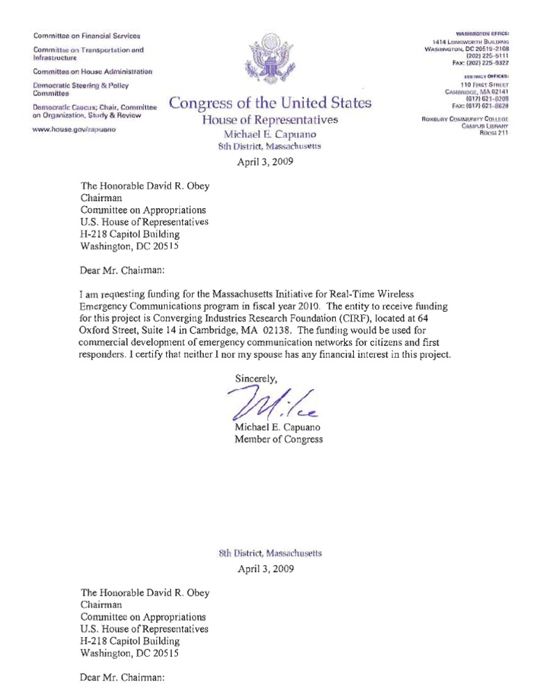 Earmark Request | PDF | Government Of The United States | American ...