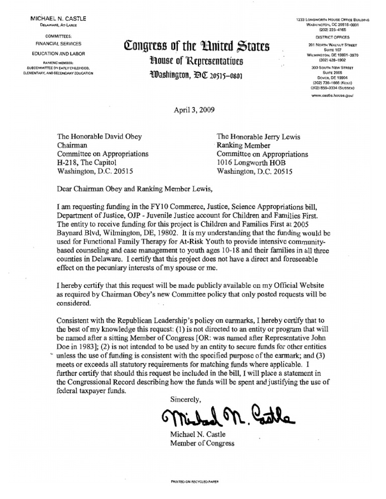 Earmark Request | PDF | Earmark (Politics) | Government Of The United ...