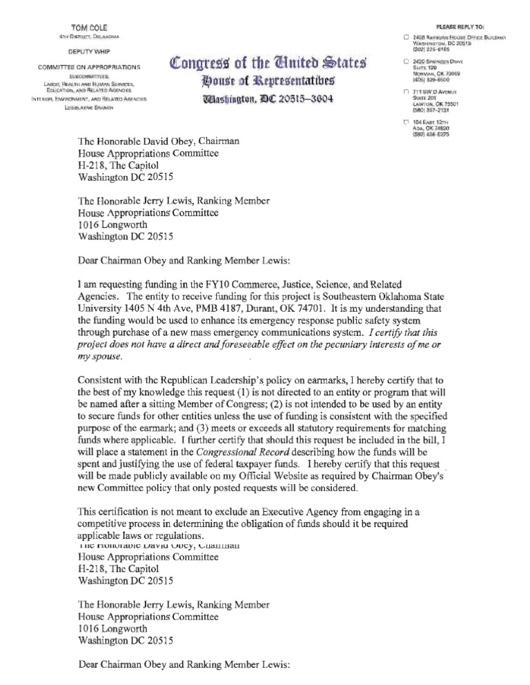 Earmark Request | PDF | Government Information | Public Sphere