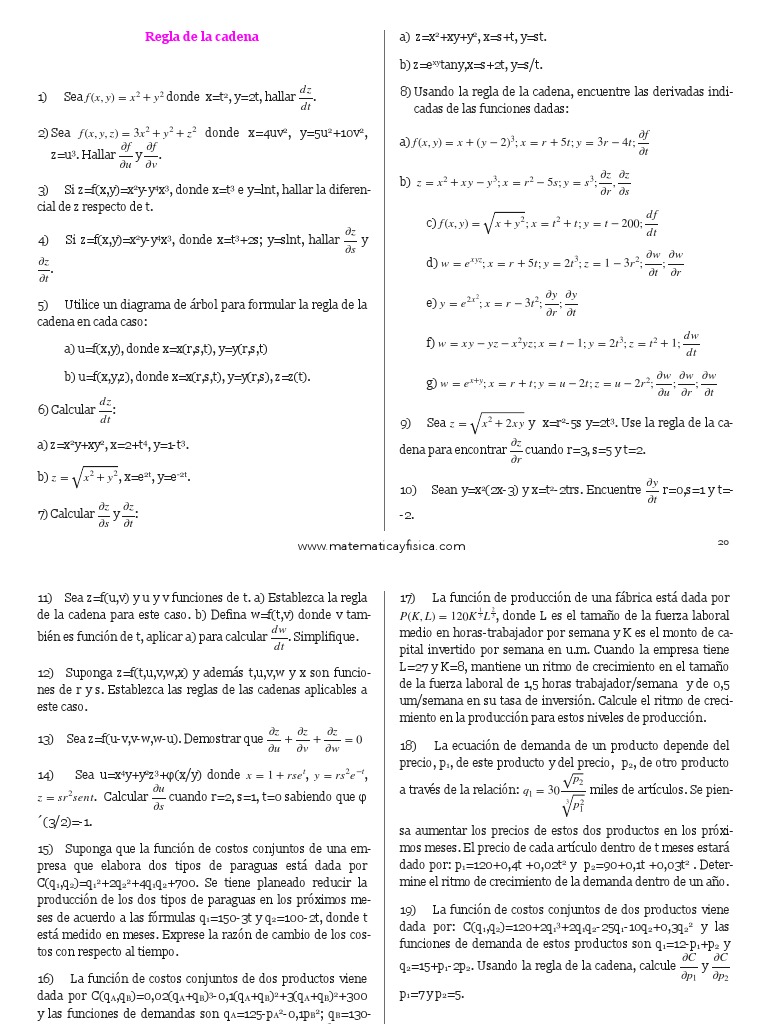 Ejercicios de Regla de La Cadena, Funciones Varias Variables. | PDF | Derivado | Cálculo