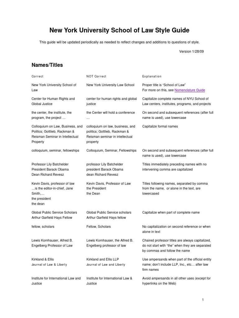 NYU Law Style Guide Essentials | PDF | Juris Doctor | Legal Education
