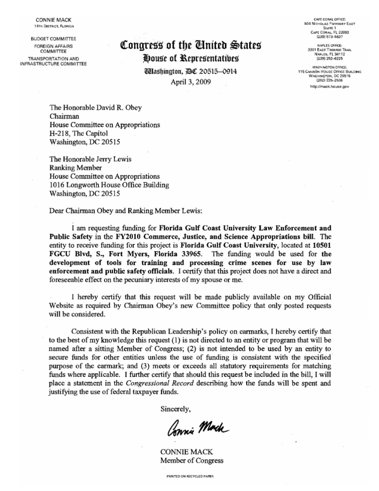 Earmark Request | PDF | Earmark (Politics) | United States House Of ...