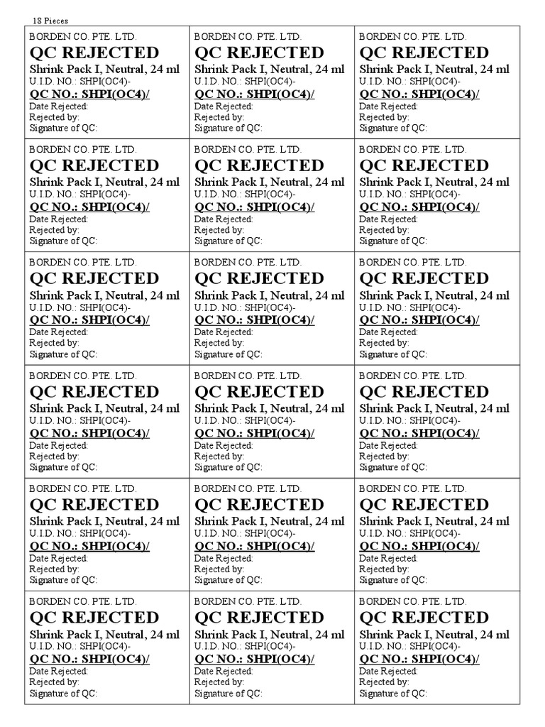 Rejected Label - Shrink Pack I, Neutral, 24 ML, (SHPI (OC4) ) | PDF