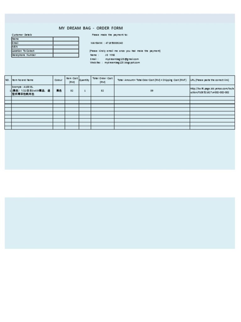 Sales Order Form for My Dream Bag | PDF