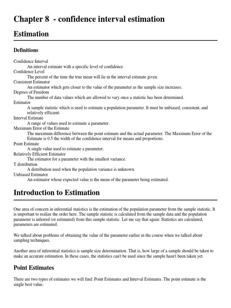 Chapter 8 - Confidence Interval Estimation | PDF | Estimator | Confidence Interval