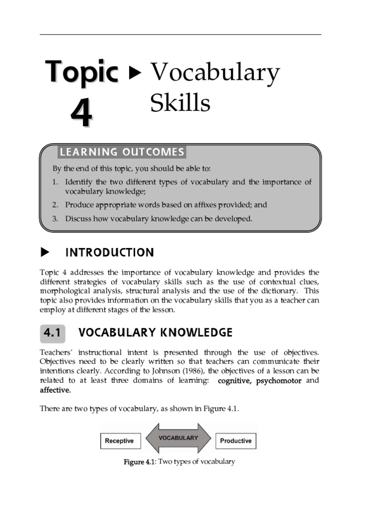 Topic 4 Vocabulary Skills | PDF | Reading Comprehension | Reading (Process)