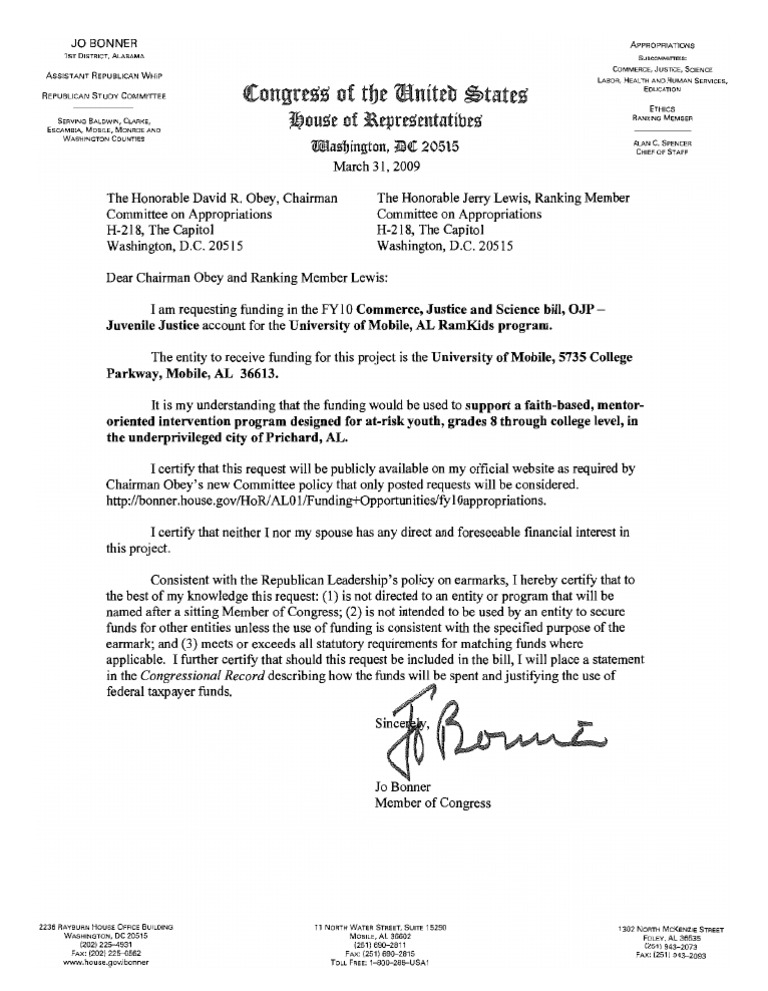 Earmark Request | PDF | United States House Of Representatives ...