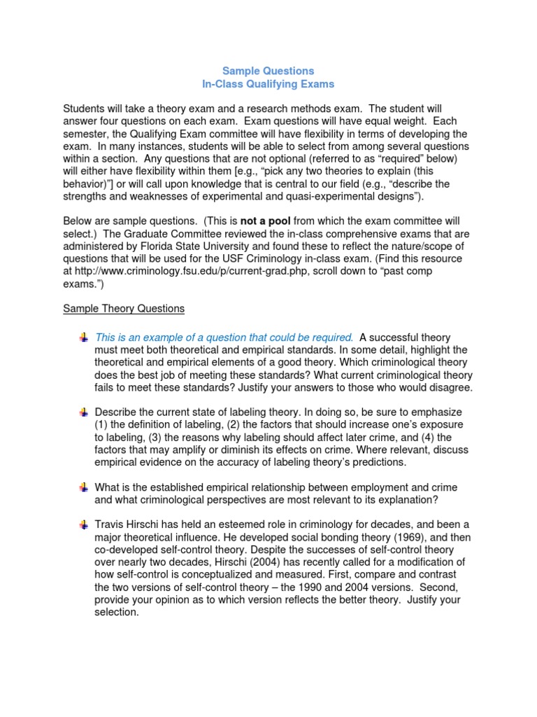 Sample Questions In-Class Qualifying Exams: This Is An Example of A ...