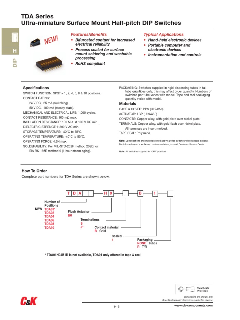 TDA Series Ultra-Miniature Surface Mount Half-Pitch DIP Switches | PDF ...