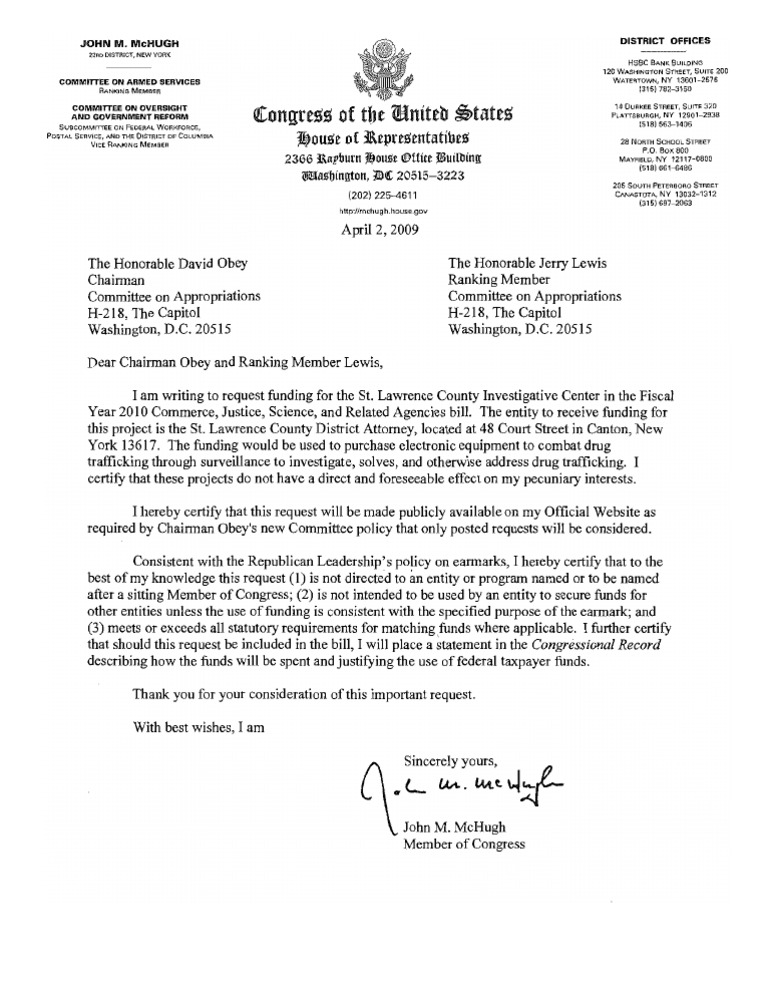 Earmark Request | PDF | United States House Of Representatives ...