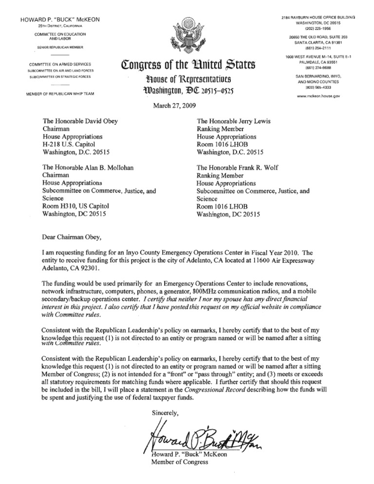 Earmark Request | PDF | Legislative Branch Of The United States ...