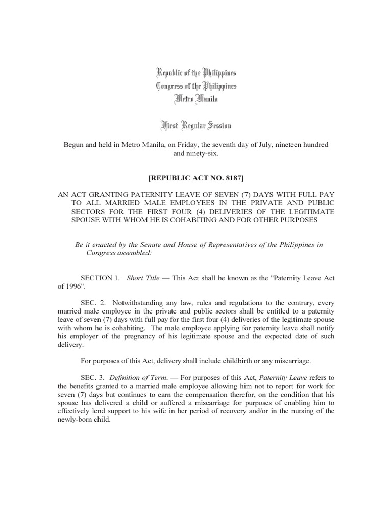 Republic Act No 8187 - Paternity Leave Act of 1996 | PDF | Parental ...