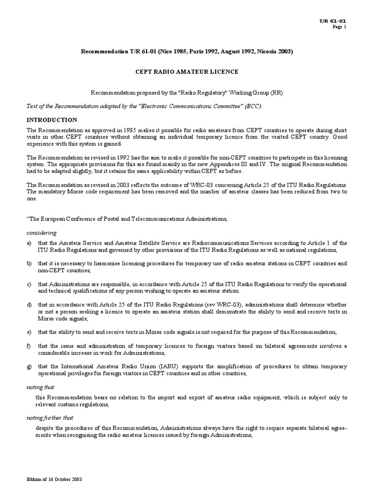 CEPT Radio Amateur Licence Guide | PDF | Amateur Radio | Cites