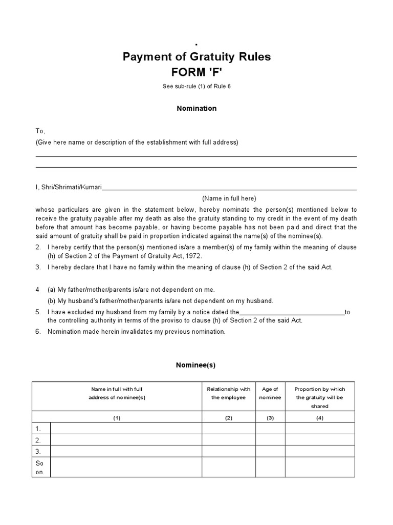 Payment of Gratuity Rules Form 'F': Nomination | PDF