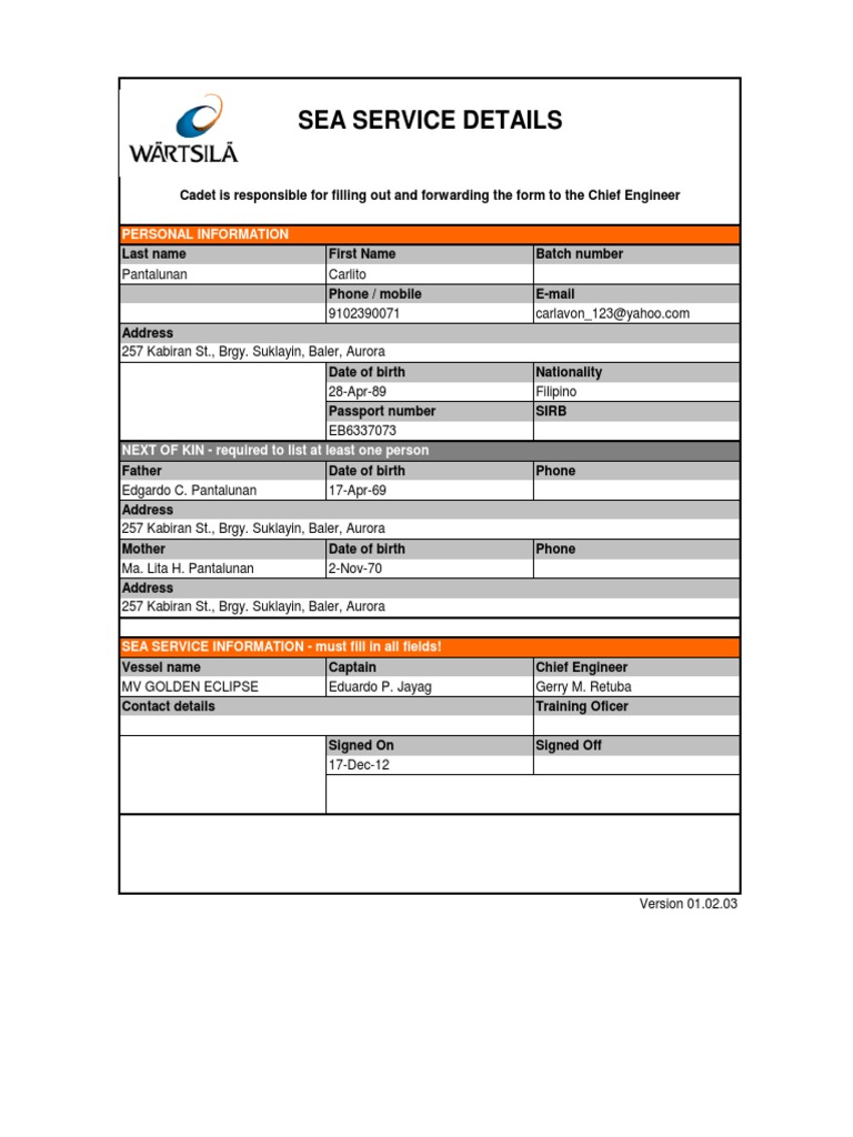 SeaServiceForm - E.T.o - Cadet Carlito H. Pantalunan | PDF | Control ...