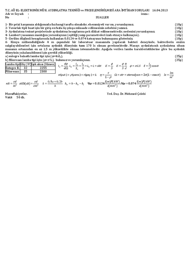 Aydınlatma Tekniği.2013.A.sualler | PDF