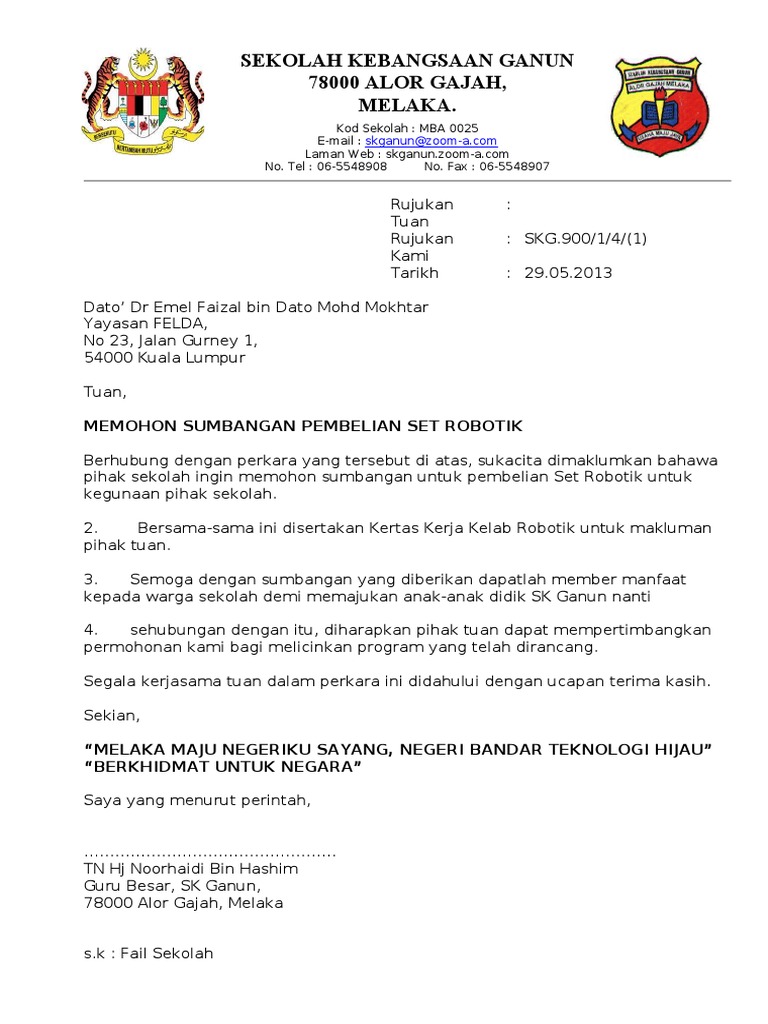Surat Iringan Sumbangan Robotik - SK Ganun | PDF